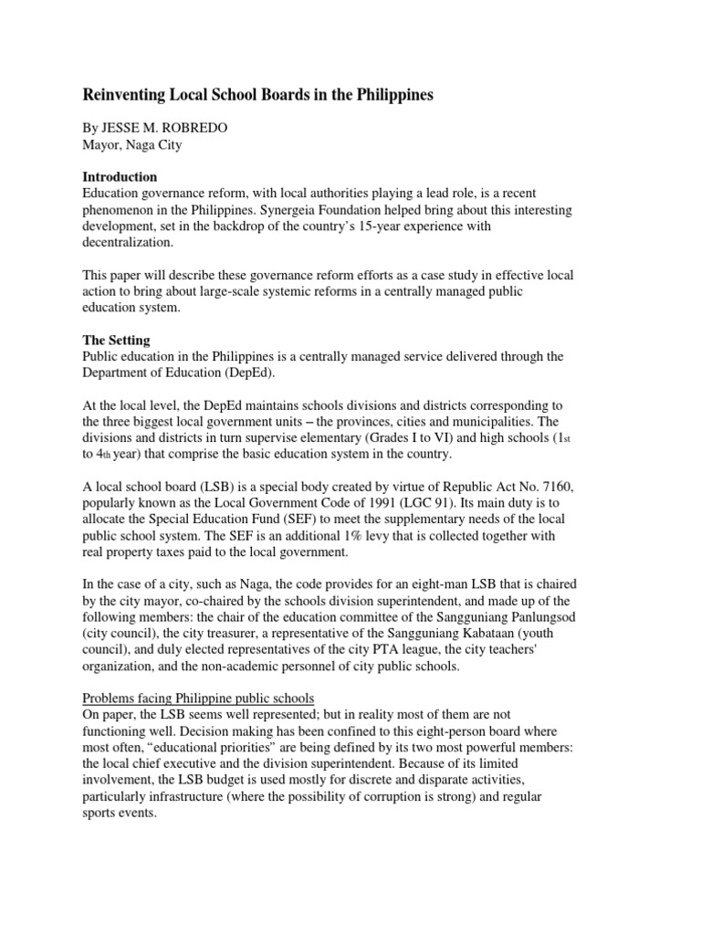 Reinventing Local School Boards in The Philippines: ST TH | PDF ...
