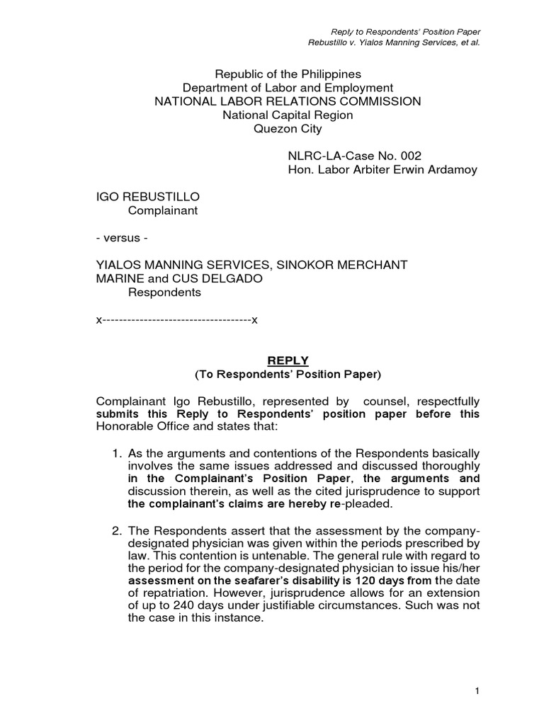 SAMPLE REPLY-TO-RESPONDENTS-POSITION-PAPER-REBUSTILLO-v.-YIALOS-MANNING ...