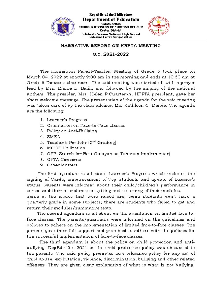 Narrative Report On Hrpta Meeting-1 | PDF | Learning | Social Institutions