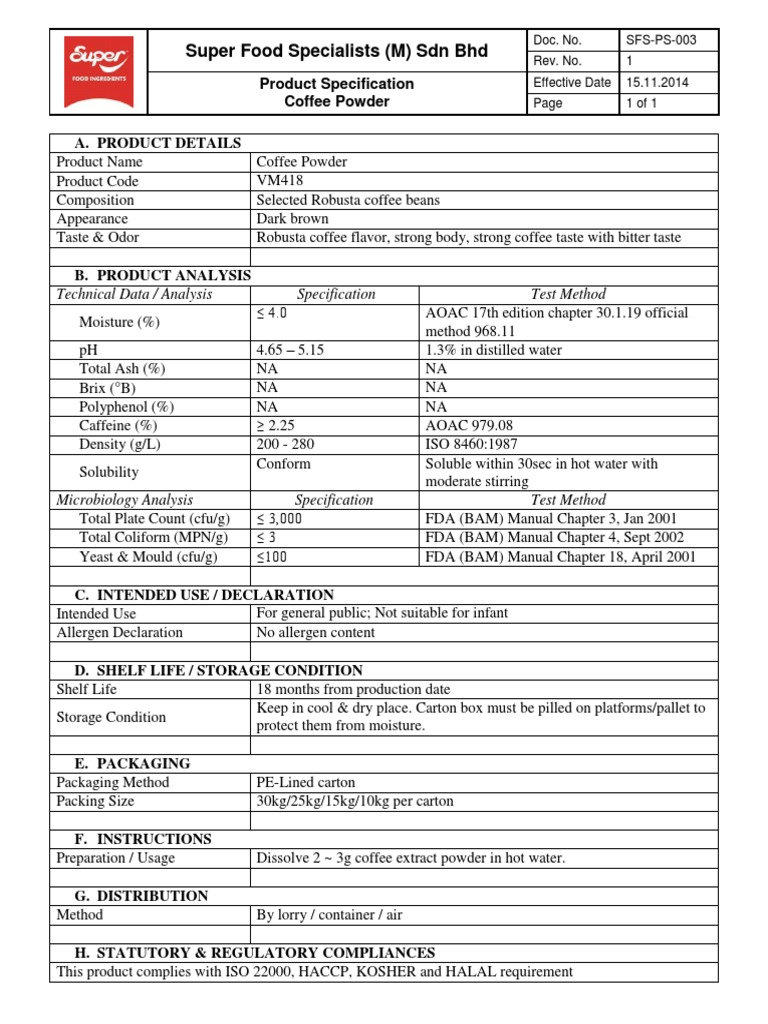 Product Specification for Robusta Coffee Powder | PDF | Coffee | Food ...