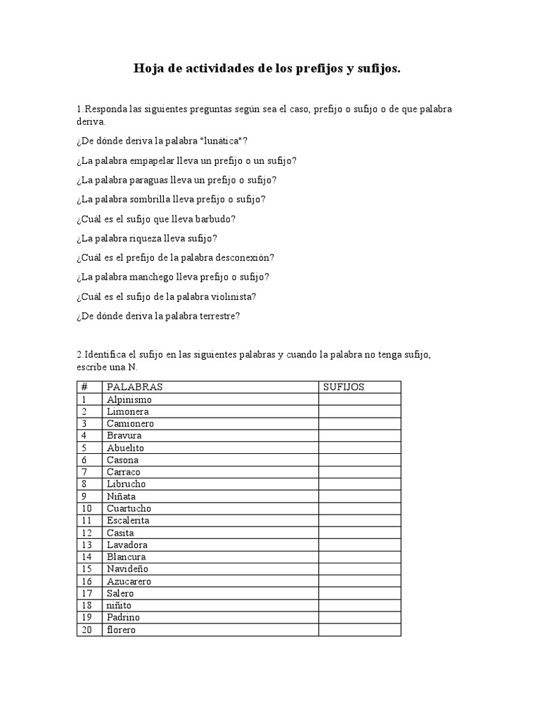 Actividades de Prefijos y Sufijos | PDF