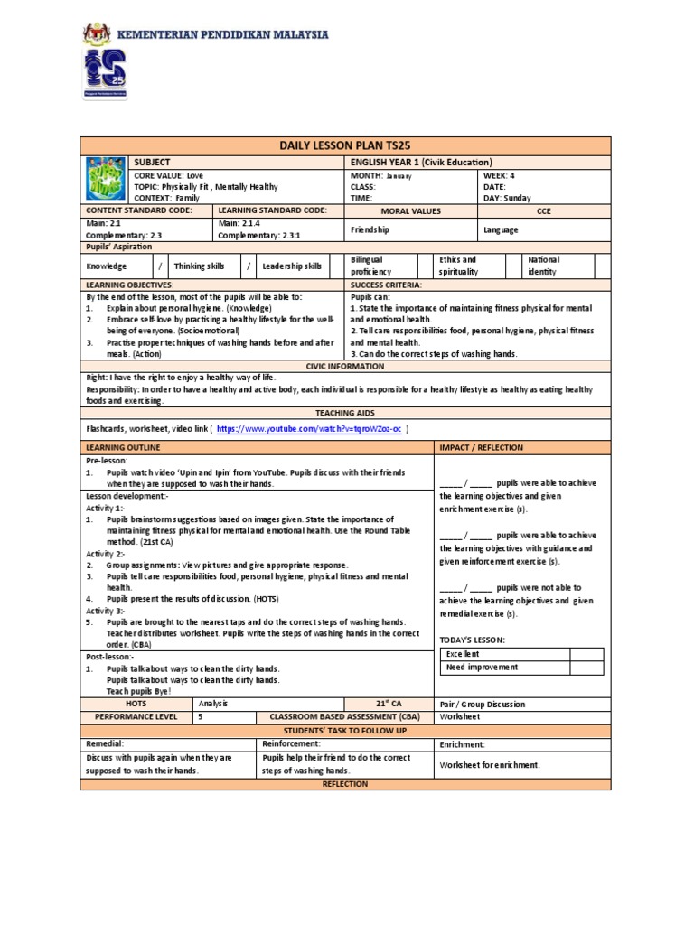 BI Y1 LP TS25 - Civic Education | PDF | Lesson Plan | Mental Health
