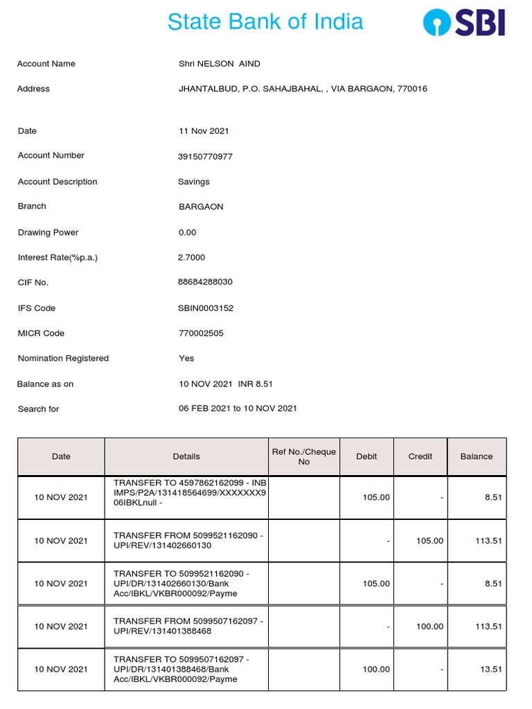 Bank Statement: SBI Transactions Sep-Nov 2021 | PDF | Debits And ...
