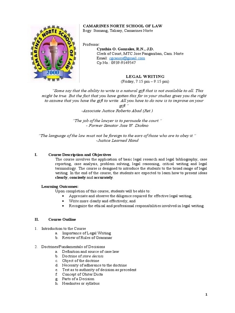 Camarines Norte School of Law Legal Writing Course | PDF | Precedent ...