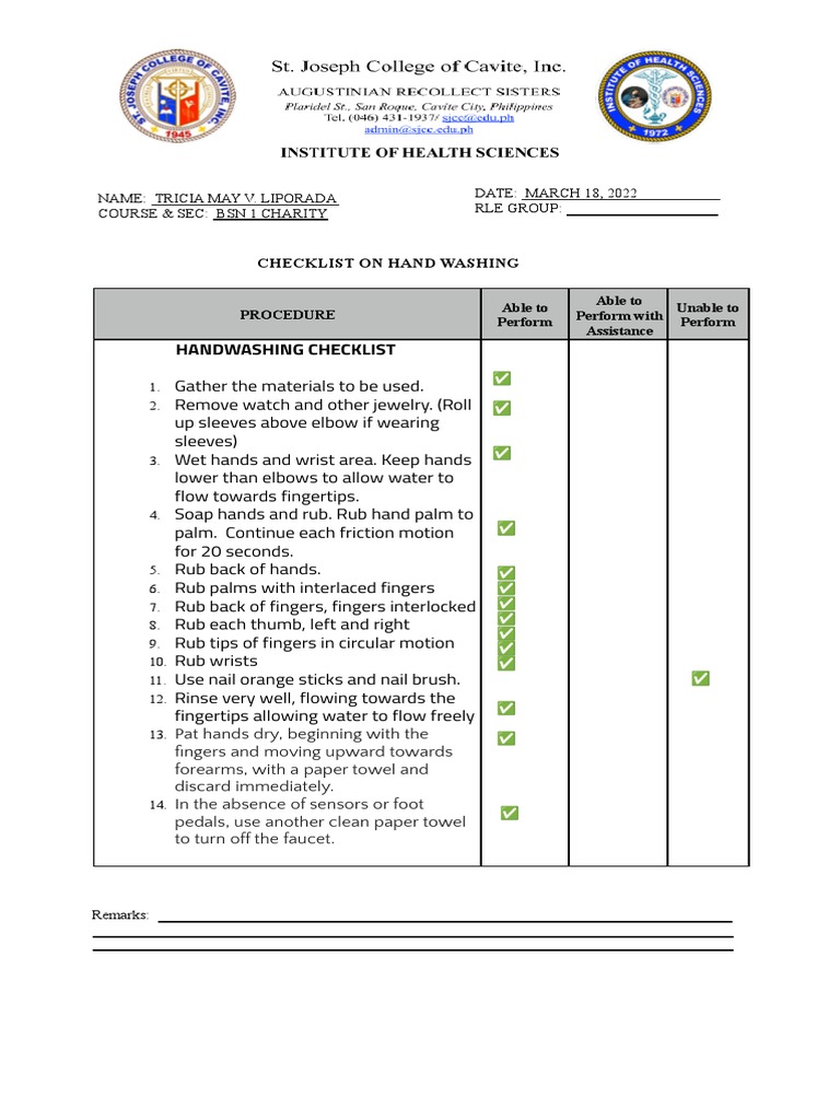 Handwashing Checklist: Checklist On Hand Washing | PDF | Hand Washing ...