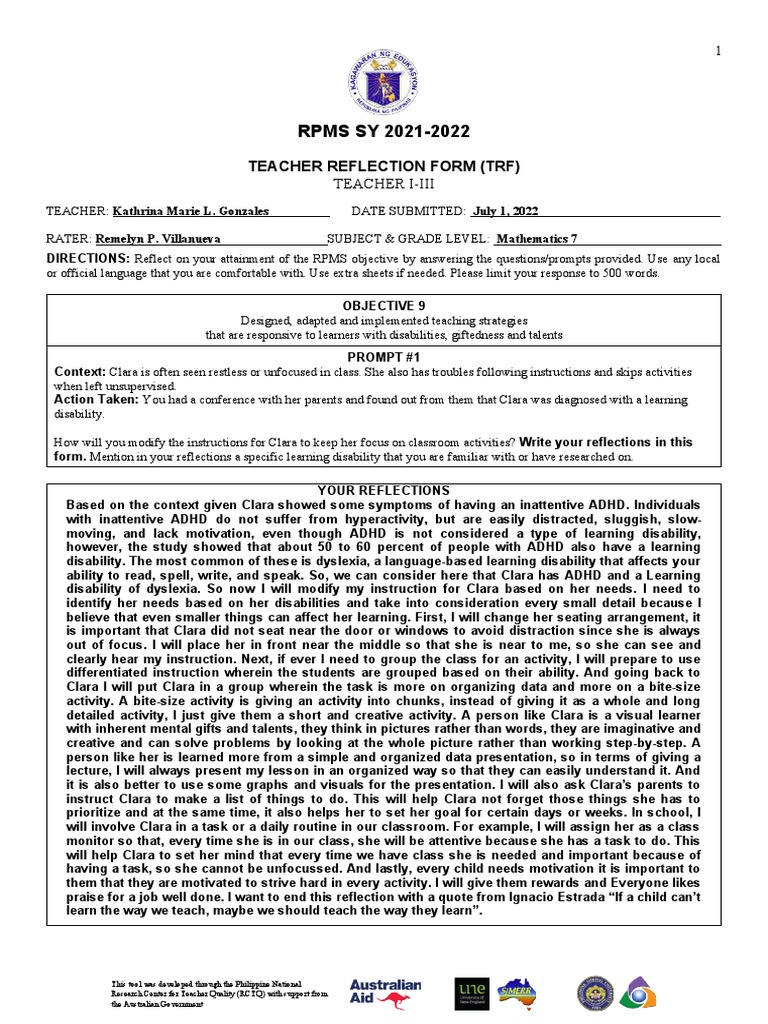 Appendix 4A Teacher Reflection Form For T I III For RPMS SY 2021 2022 1 ...