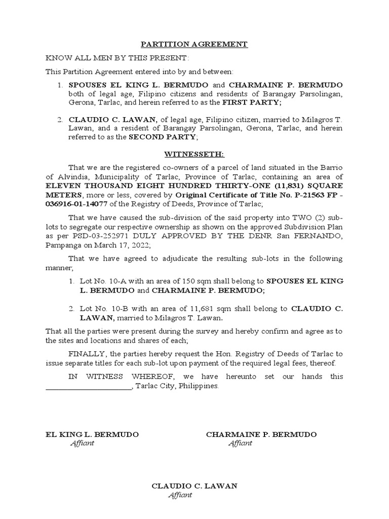 PARTITION AGREEMENT dulao | PDF | Natural Resources Law | Property