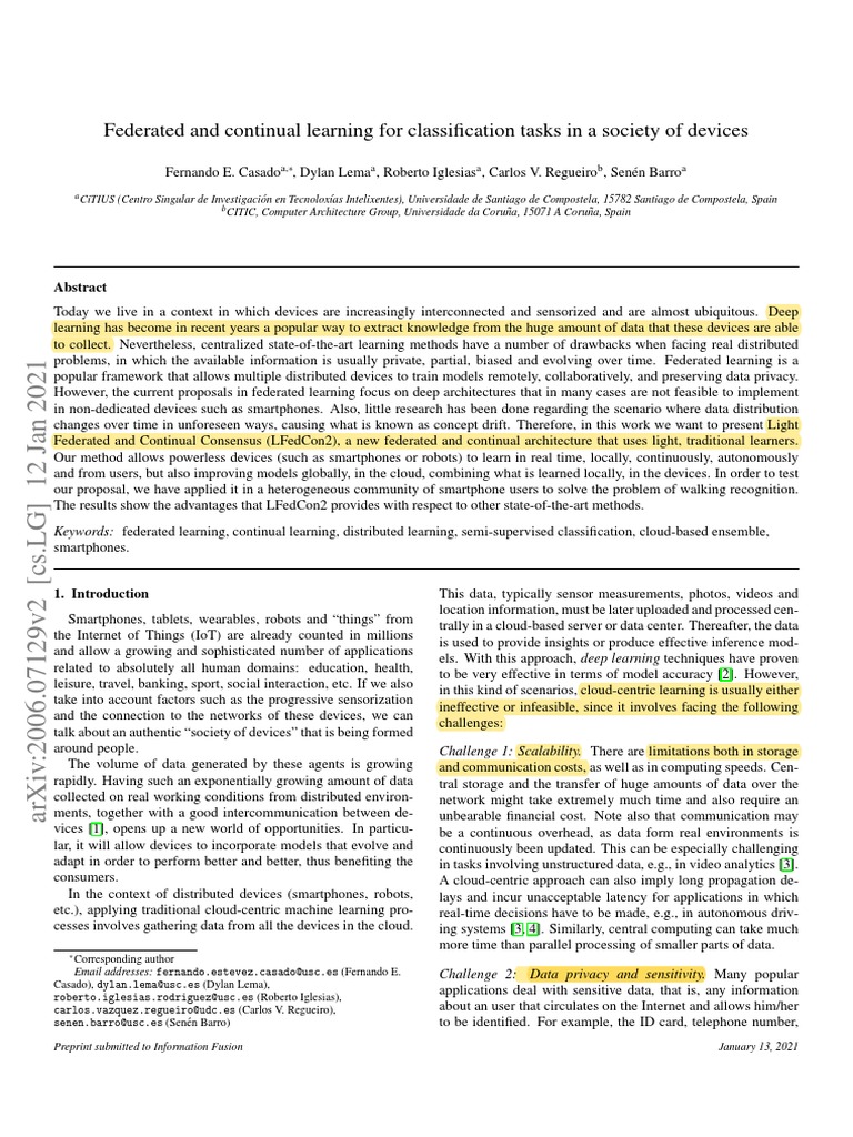 Federated and Continual Learning for Classification Tasks in a Society ...