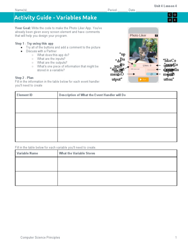 Activity Guide - Variables Make - Unit 4 Lesson 4 | PDF | Information ...