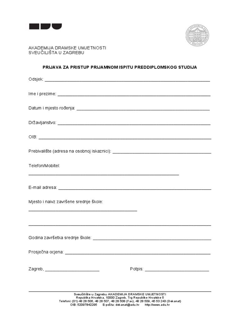 Prijavnica Za Prijamni Ispit S Izjavom o Privatnosti1 | PDF