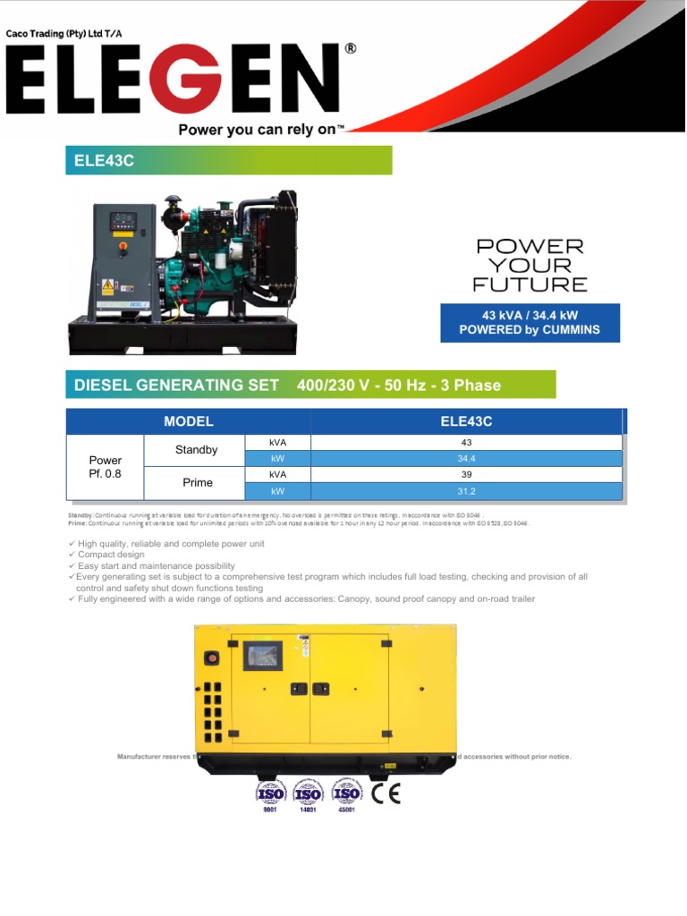 Specs - Generator - Elegen 43KVA | PDF | Mains Electricity | Electric ...