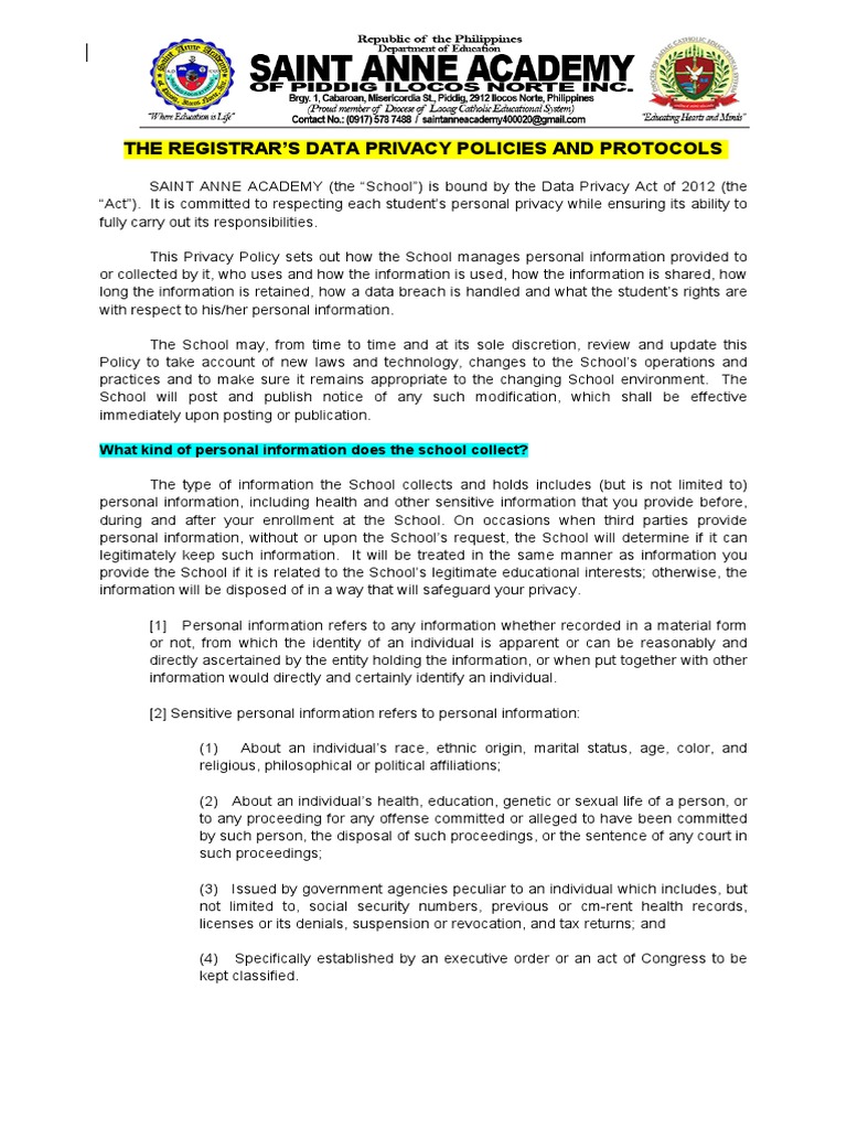 Registrar's Data Privacy Protocols | PDF | Privacy | Information