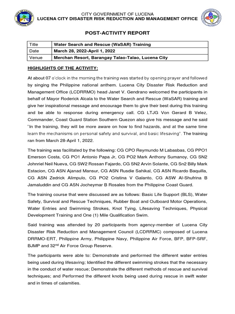 Water Seacrh and Rescue Training Wasar Post Activity Report 2022 | PDF ...