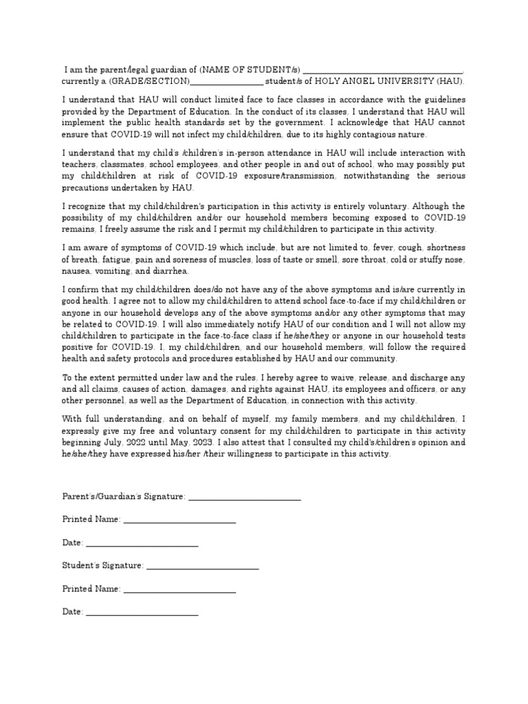 Parent Consent for School Attendance | PDF | Diseases And Disorders ...