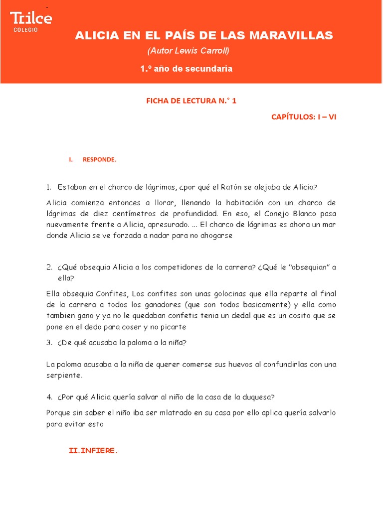 1° Sec. ALICIA EN EL PAÍS DE LA MARAVILLAS - Ficha 1 | PDF | Las ...
