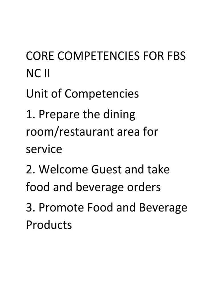 Core Competencies For Fbs NC II | PDF