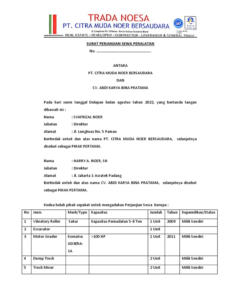 Surat Perjanjian Sewa Peralatan | PDF