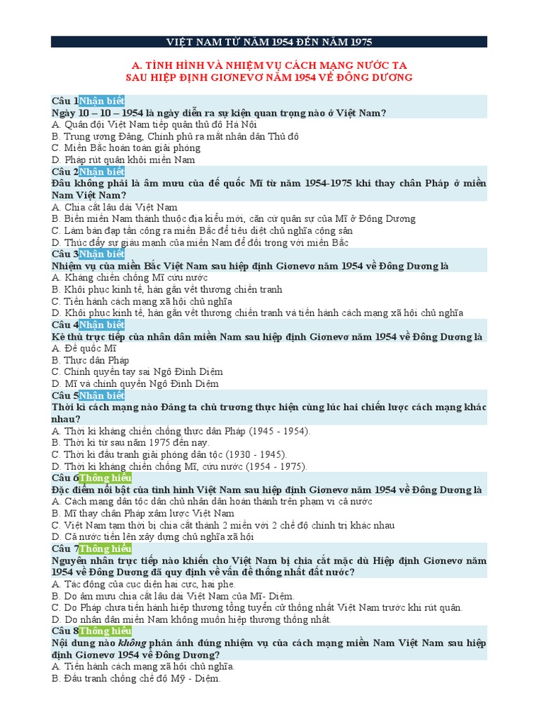 Câu hỏi trắc nghiệm - LSVN 1954 - 1975 | PDF