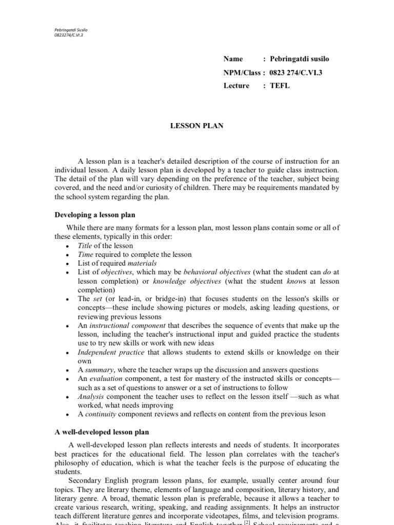 TEFL Lesson Plan | Lesson Plan | Sharing