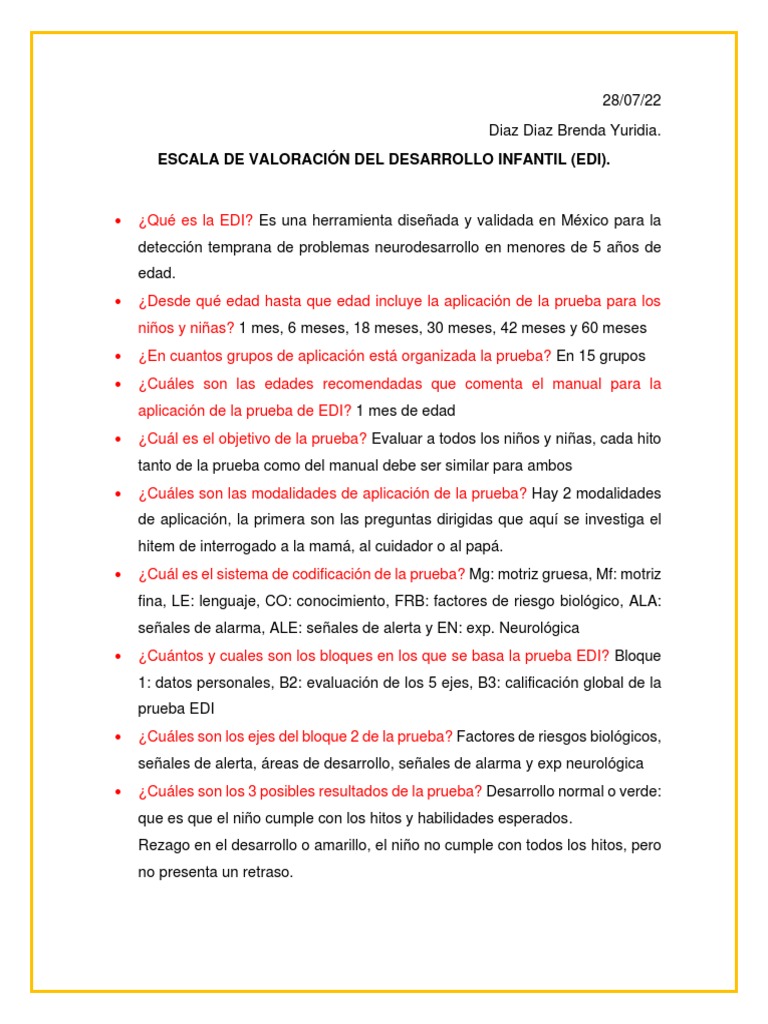 Escala de Valoracion Del Desarrollo Infantil. EDI | PDF | Sicología ...