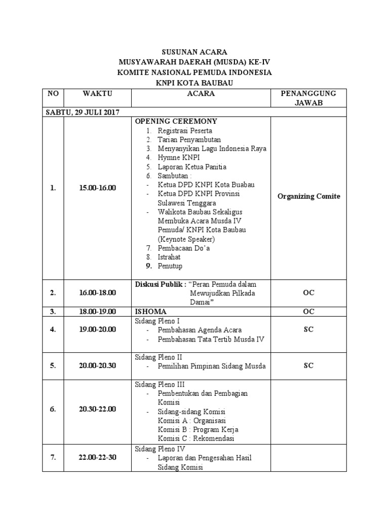 Draf Susunan Acara Musda IV Knpi Kota Baubau | PDF