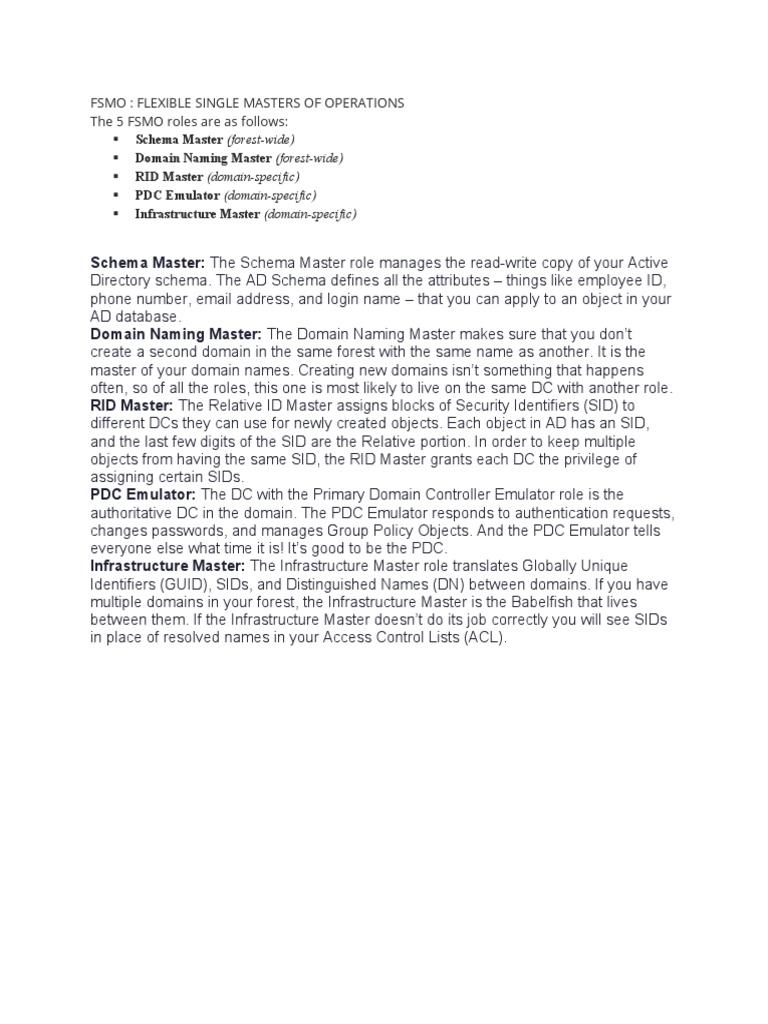 The 5 FSMO Roles Are As Follows | PDF | Active Directory | Command Line Interface