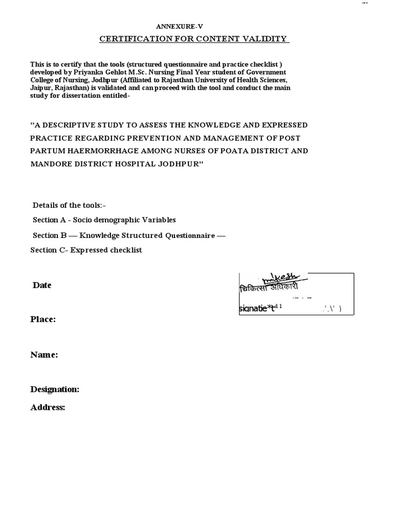 Certification For Content Validity: Date Place: Name: Designation ...