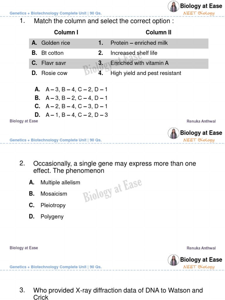 NEET Genetics and Biotechnology Questions | PDF | Dna | Genetics