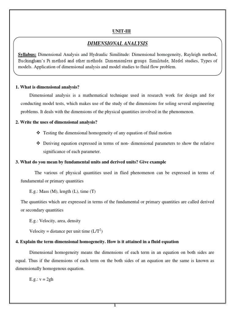 Unit-3 Dimensional Analysis | PDF | Reynolds Number | Fluid Dynamics