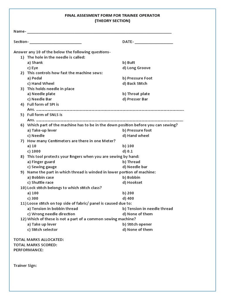 Final Assesment Form For Trainee Operator (Theory Section) | PDF ...