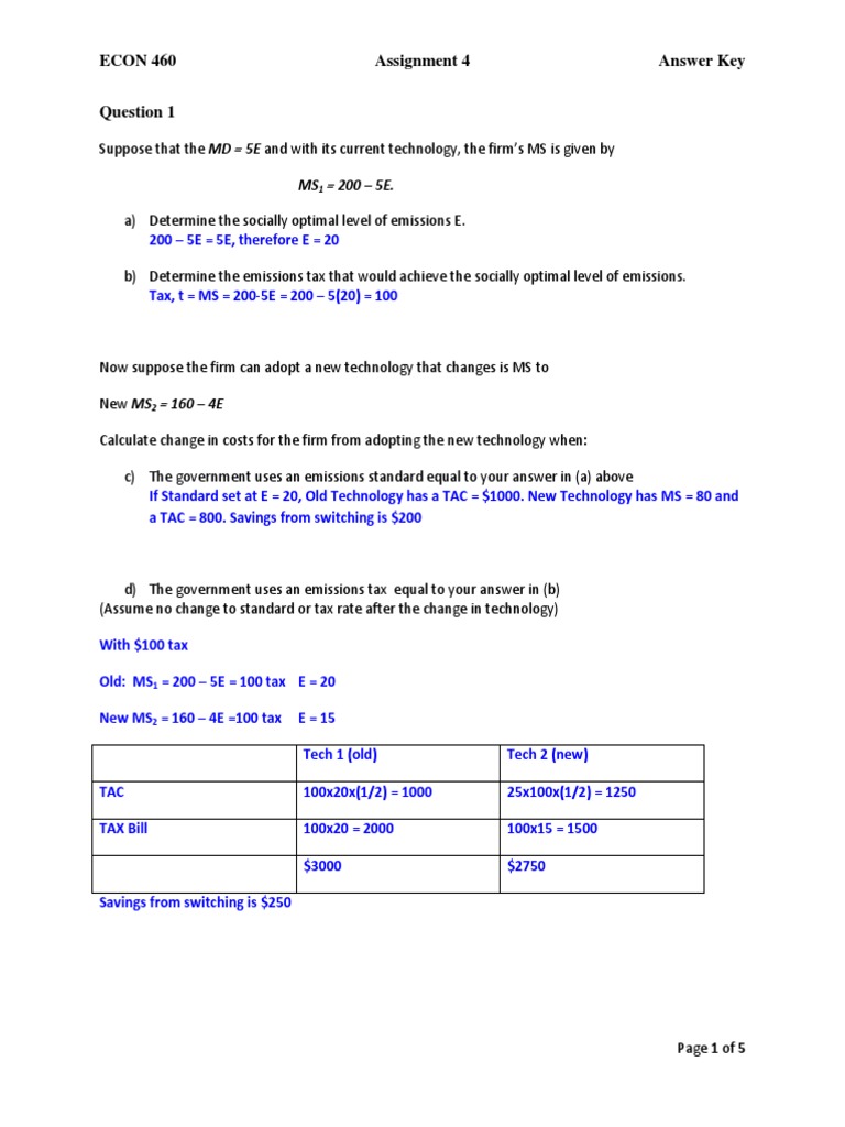 ECON 460 Assignment 4 Answer Key | PDF | Prices | Sales