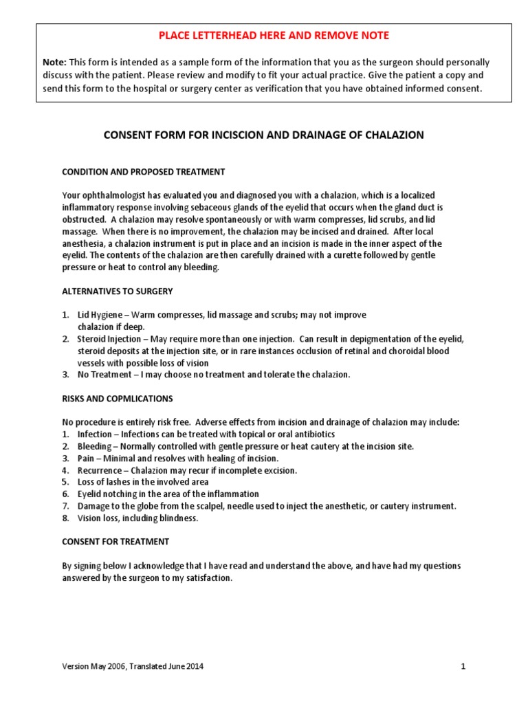 Consent Form For Inciscion and Drainage of Chalazion: Place Letterhead ...