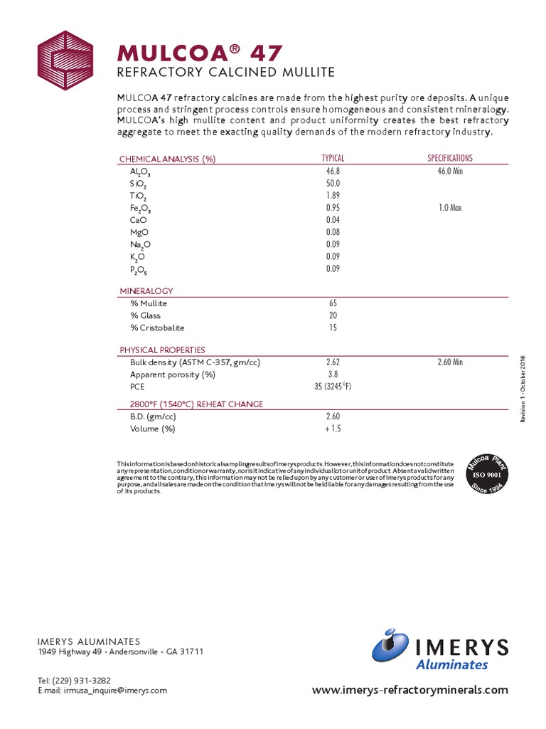 TDS - Mulcoa - 47 - Rev 1 | PDF | Refractory | Chemistry