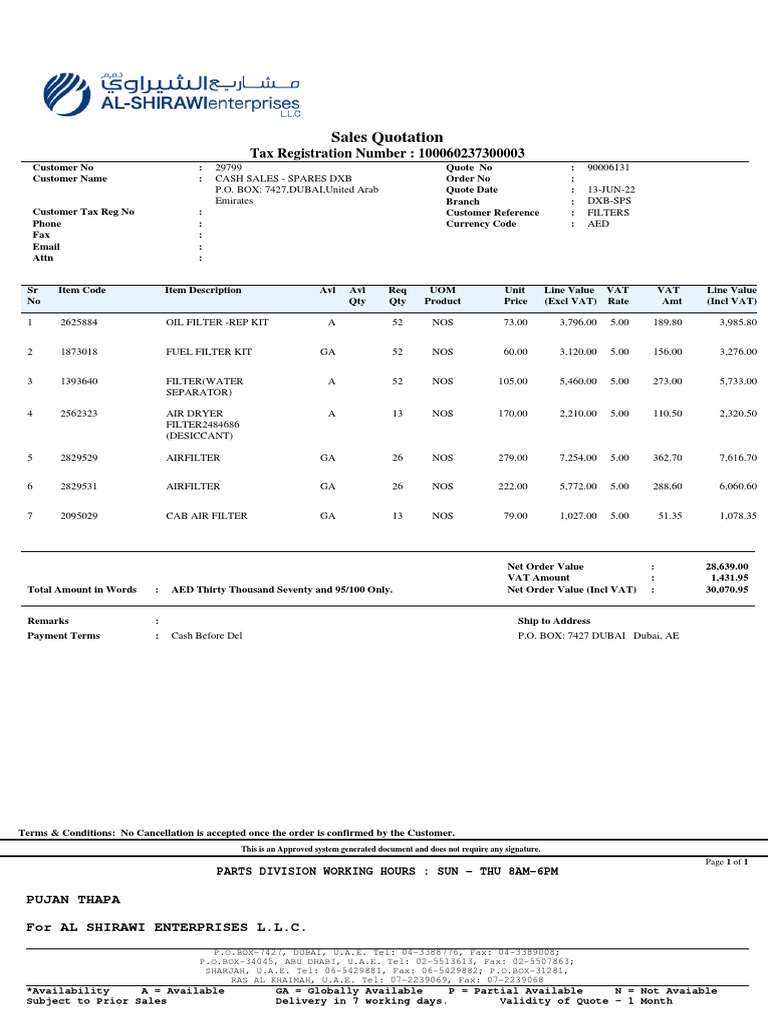 Sales Quotation: Tax Registration Number: 100060237300003 | PDF ...