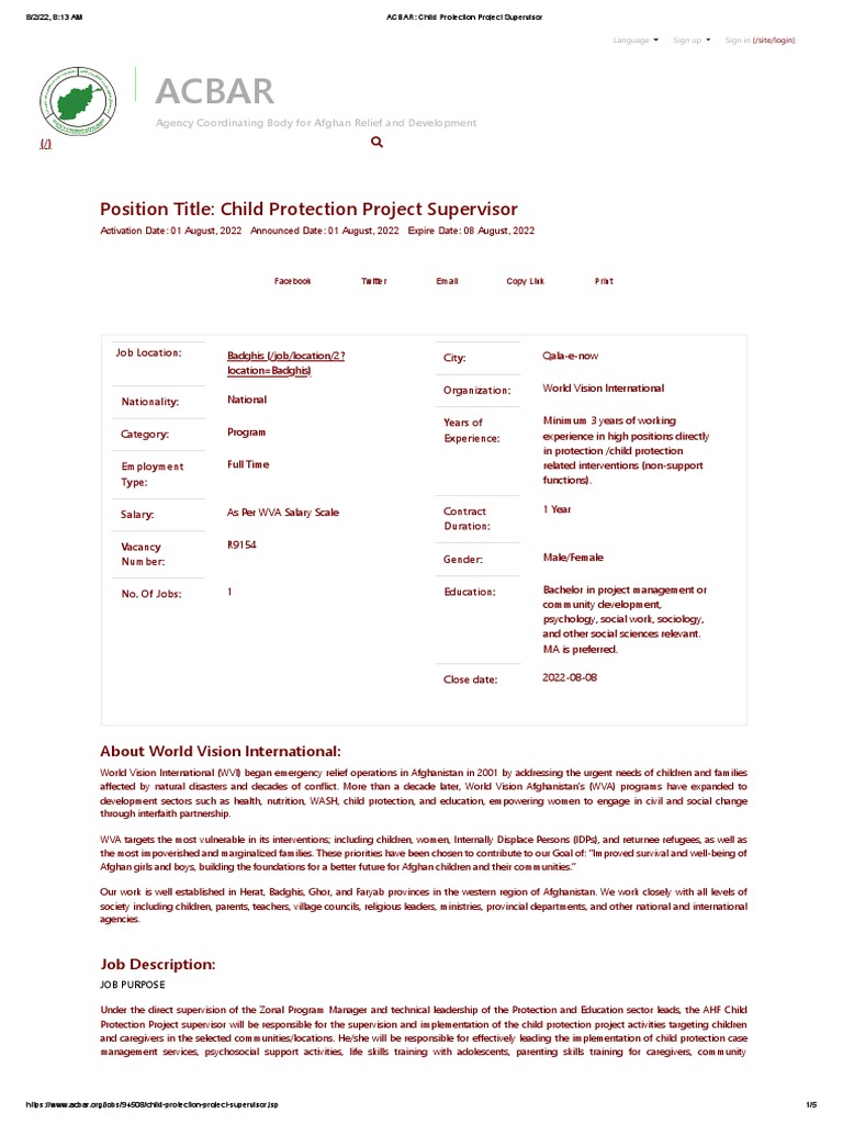 ACBAR - Child Protection Project Supervisor | PDF | Leadership | World ...