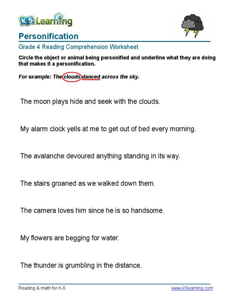 Personification: Grade 4 Reading Comprehension Worksheet | PDF