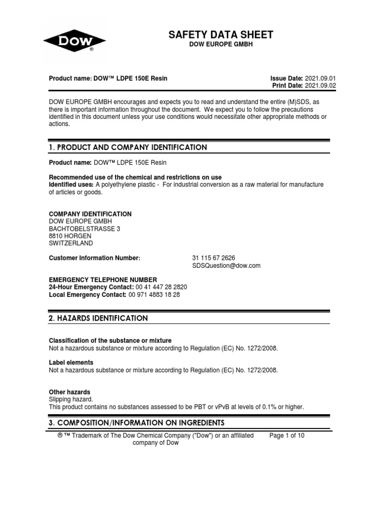 Safety Data Sheet: 1. Product and Company Identification | PDF ...