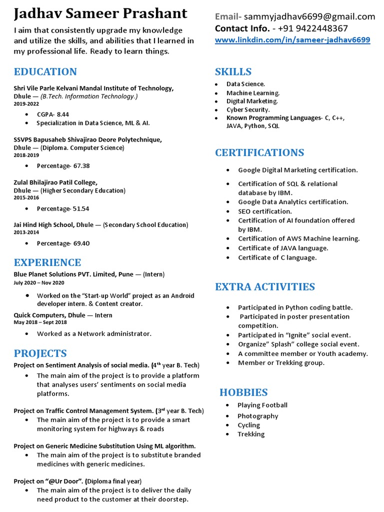 Sameer Jadhav Resume | PDF | Artificial Intelligence | Intelligence (AI) & Semantics