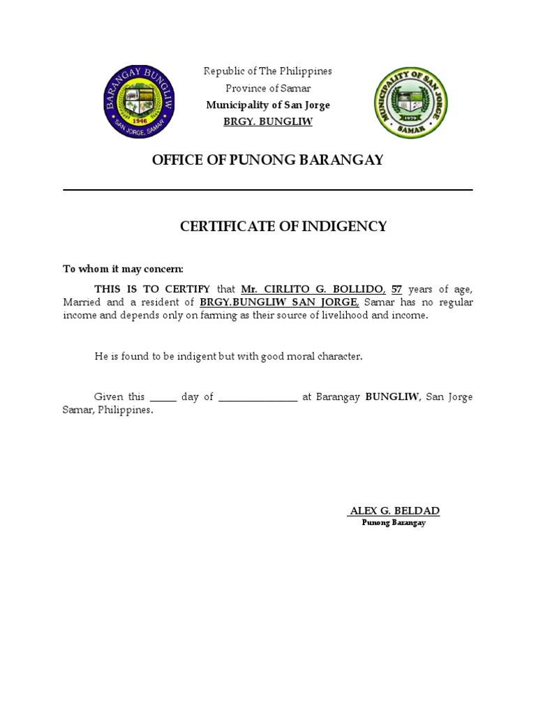 Certificate of Indigency Samples | PDF