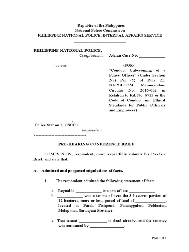 Pre-Hearing Conference Brief for PNP Case | PDF | Government | Common Law