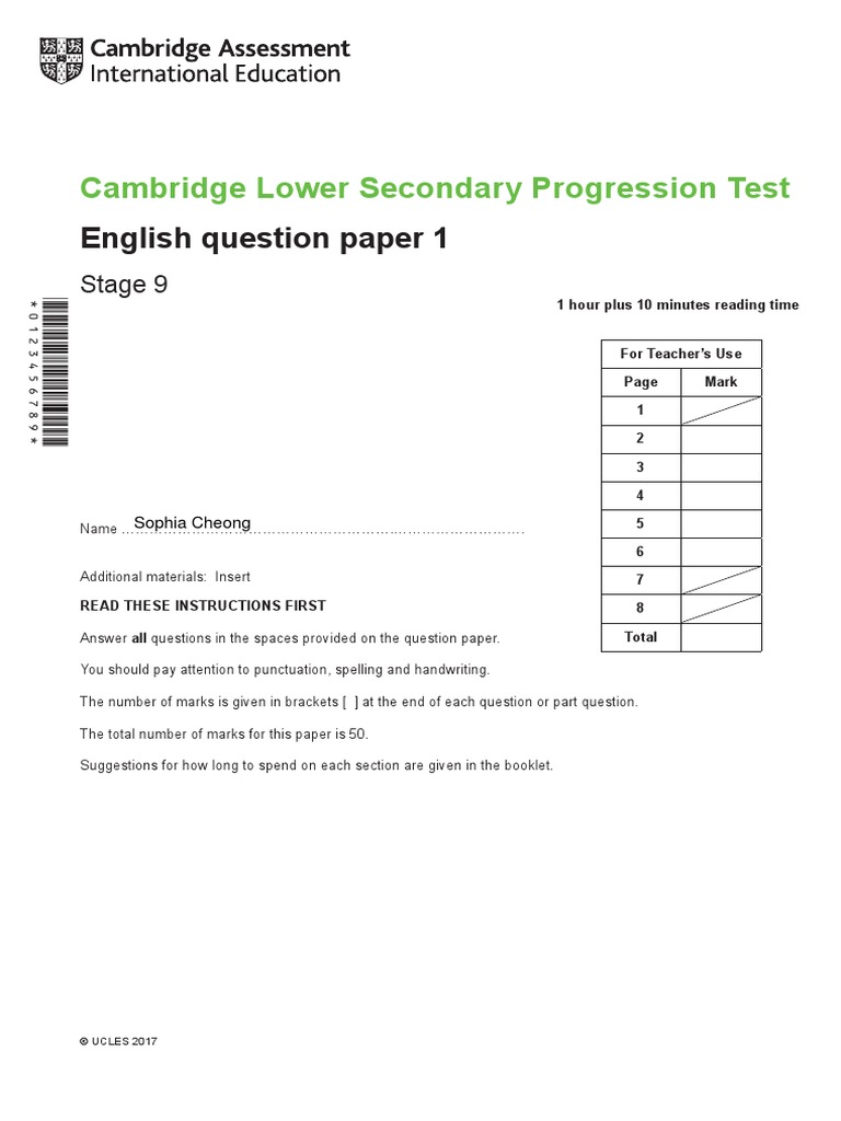 Cambridge Lower Secondary Progression Test: English Question Paper 1 ...