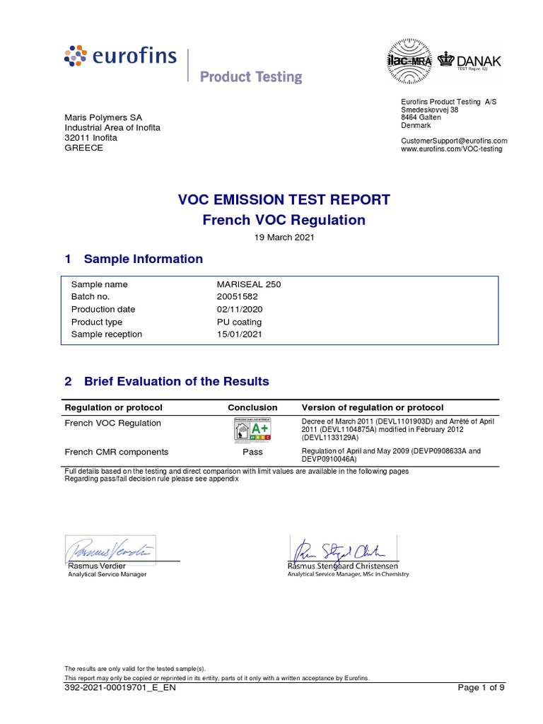 Voc Emission Test Report French VOC Regulation: 1 Sample Information ...