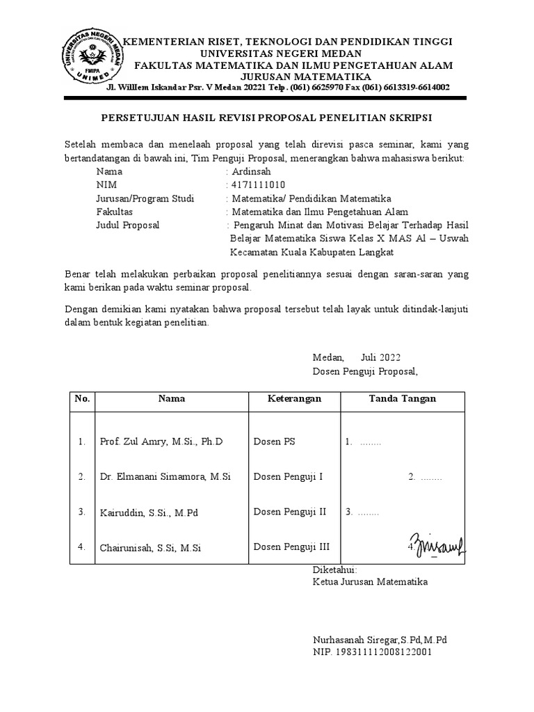 Lembar Revisi Proposal Ardinsah | PDF