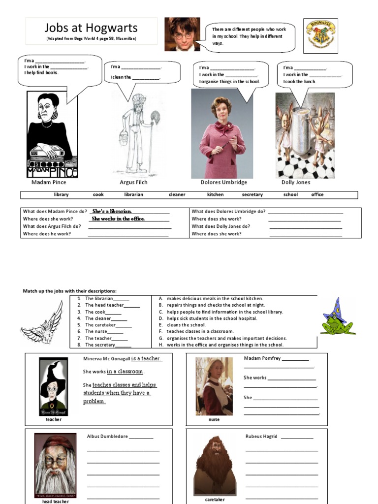 Jobs at Hogwarts: (Adapted From Bugs World 4 Page 58, Macmillan) | PDF ...