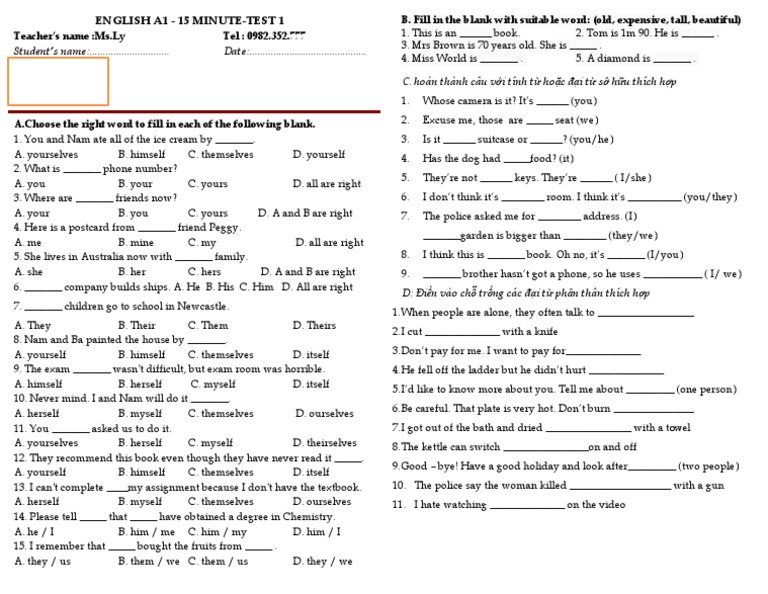 English A1 Ktra 15p - Đ I T | PDF