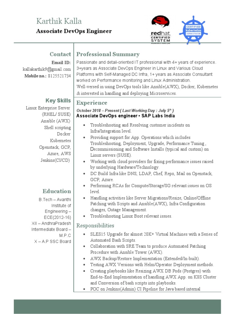 DevOps Engineer Resume - Karthik Kalla | PDF