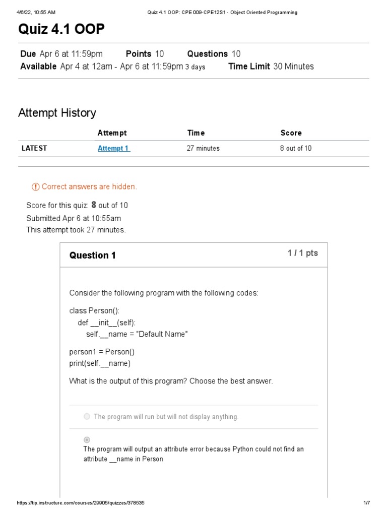 Quiz 4.1 OOP - CPE 009 CPE12S1 Object Oriented Programming | PDF | Object Oriented Programming ...