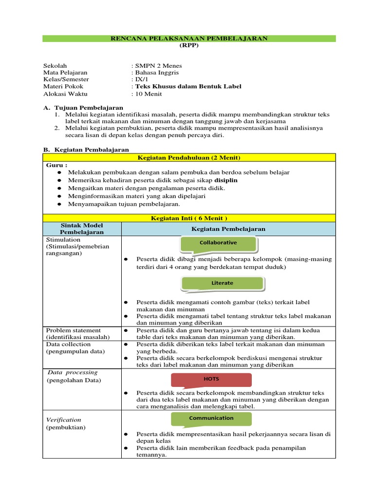 RPP Bahasa Inggris Kelas IX: Teks Label | PDF