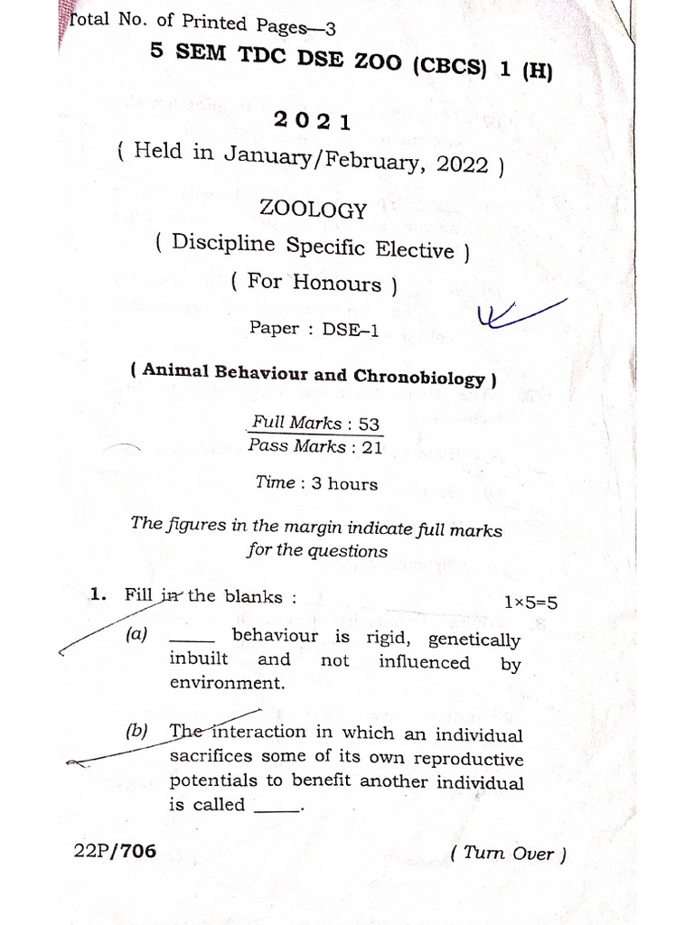 Animal Behaviour and Chronobiology-Bsc 5th Sem Zoology Quesetion Paper ...