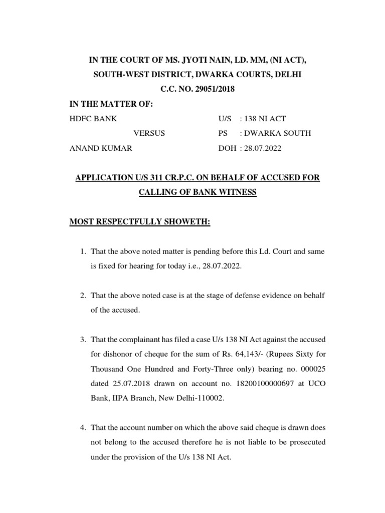 Bank Witness Application in NI Act Case | PDF | Government | Common Law